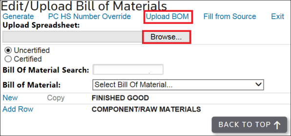 Upload BOM (MS Excel Spreadsheet)